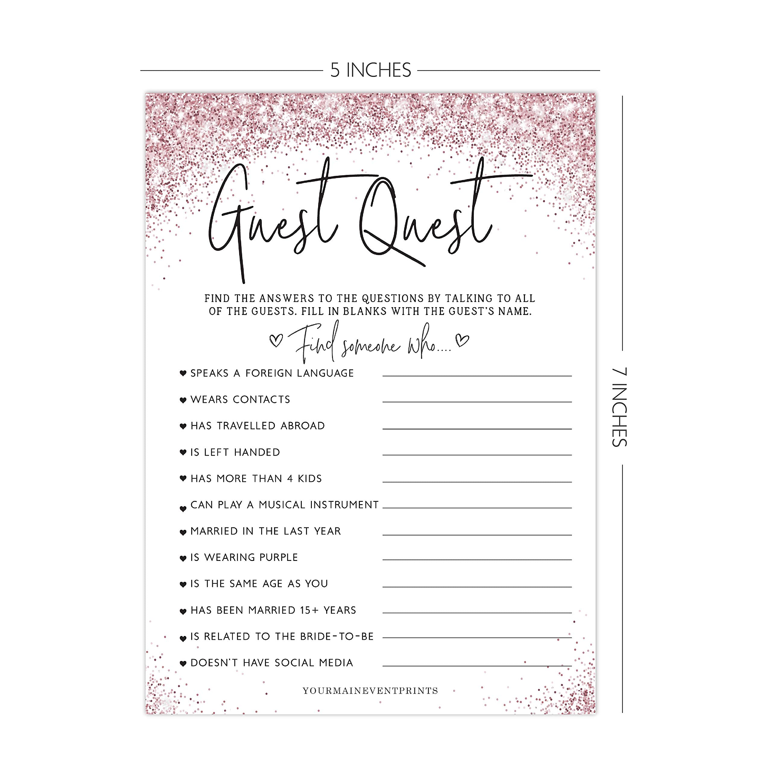 Your Main Event Prints Bridal Shower Games (Set of 6 Fun Activities for 25 Guests) - Pink Glitter Theme - Printed Front and Back, One Game Per Side