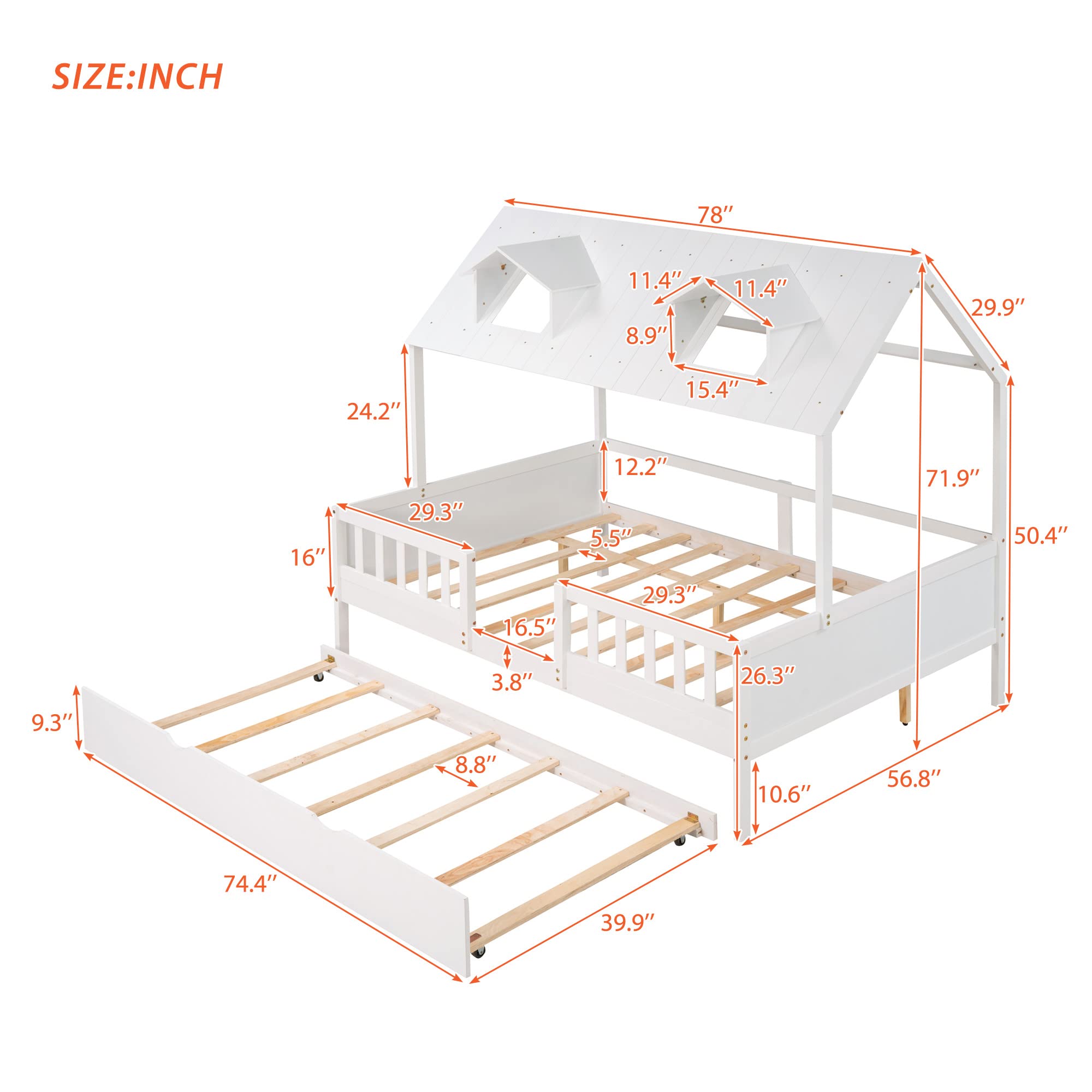 MERITLINE Full House Bed with Trundle, Wooden Platform Bed Frame with Roof, for Kids Teens Girls Boys - White