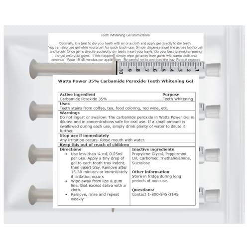 Watts Power 35% Dual Action Teeth Whitening Gels Huge 10ml - 4 Huge 10ml Gels Plus Aftercare Gel - Optimized OTC Dual Action for Surface and Deep Stains for Quick Results - Made in The USA - Kosher