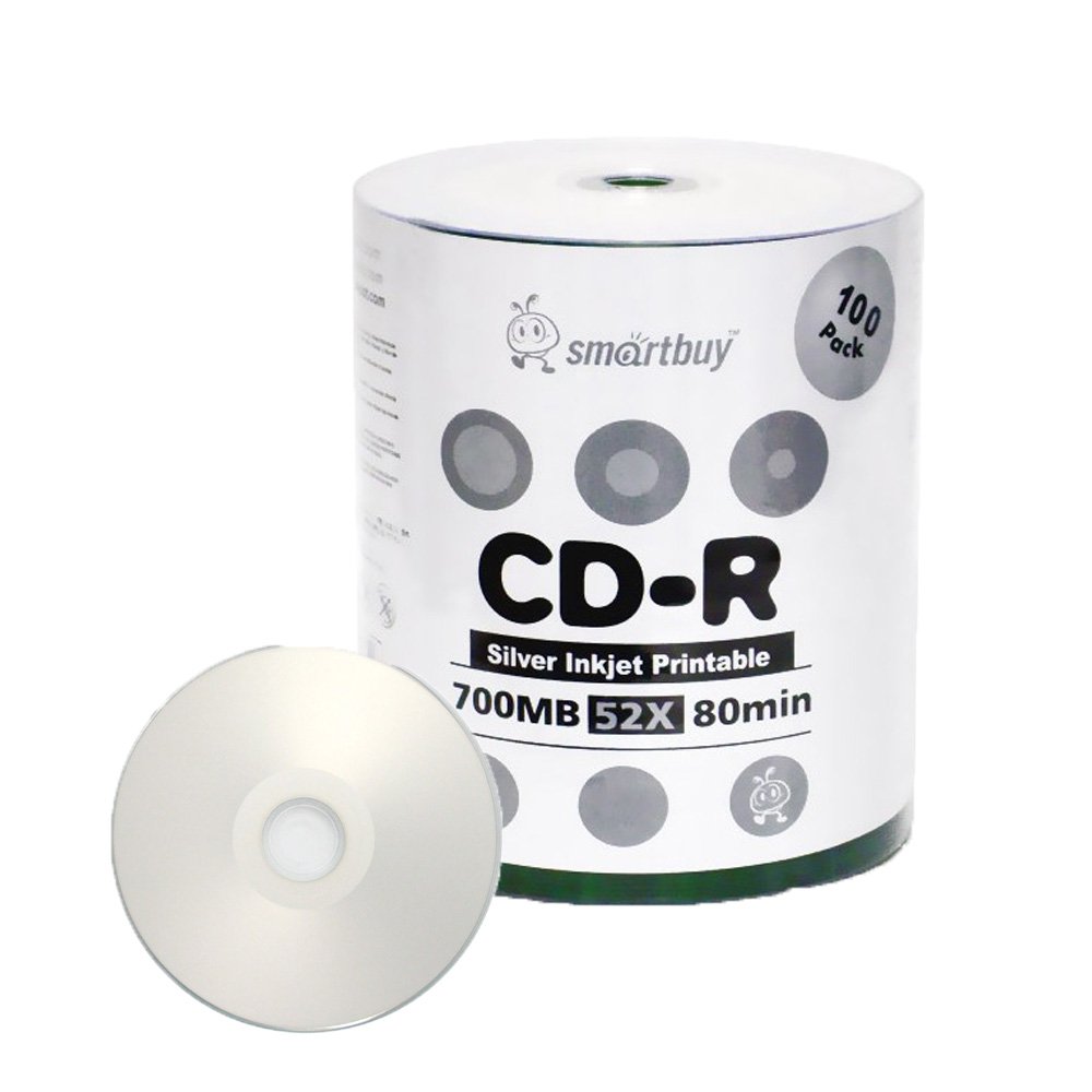 Smartbuy 100-disc 700mb/80min 52x CD-R Silver Inkjet Hub Printable Blank Recordable Media Disc