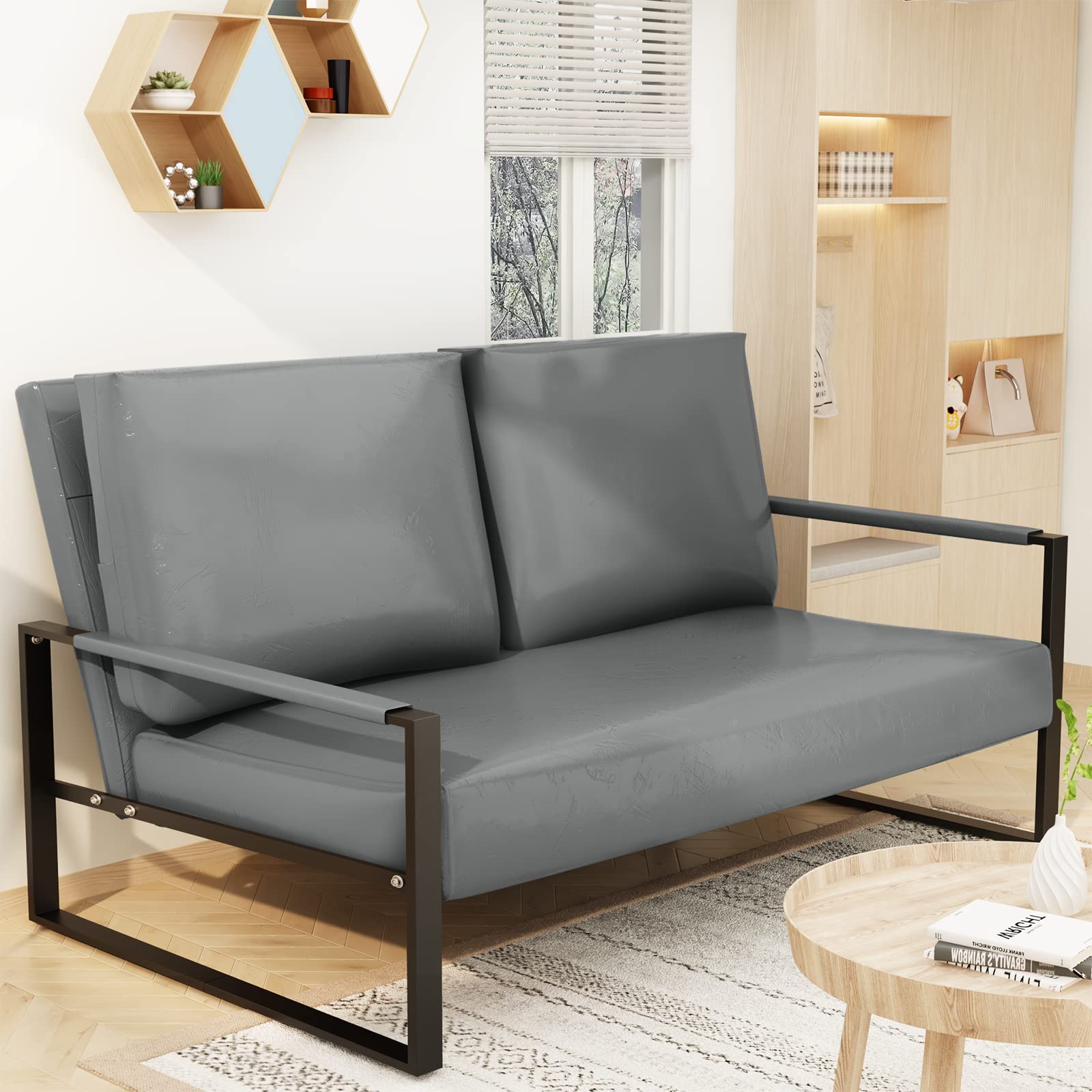 DKLGG Mid-Century Loveseats Sofa Couch, Faux Solid Leather Loveseat Sofa, Upholstered Faux Leather Couch 2-Seat Metal Armchair, Lounge Accent Chair for Living Room, Small Space, Studio, Apartment