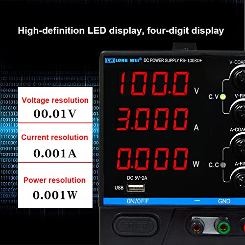 Lwlongwei Lab DC Power Supply Variable, 100V 3A Adjustable Switching Regulated DC Bench Linear Power Supply with 4-Digits LED Power Display, Coarse and Fine Adjustments with Alligator Leads Black