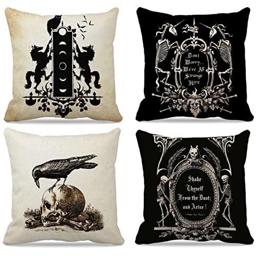 Gothic Themed 18’’X18’’Set of 4 Gothic and Tarot Goat Owl and Horses Crow On A Skull Macabre Memento Mori Art Decorative Throw Pillow Case,Gothic Home Girls Room,Gifts for Wife Sister Gothic Lover