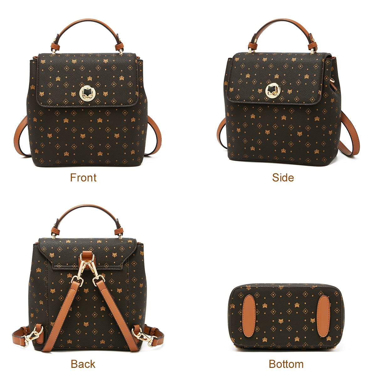 NC FOXER Small Backpack for Women, PVC Artificial Leather Signature Pattern Ladies Crossbody Bags with 2 Adjustable Shoulder Strap (brown)