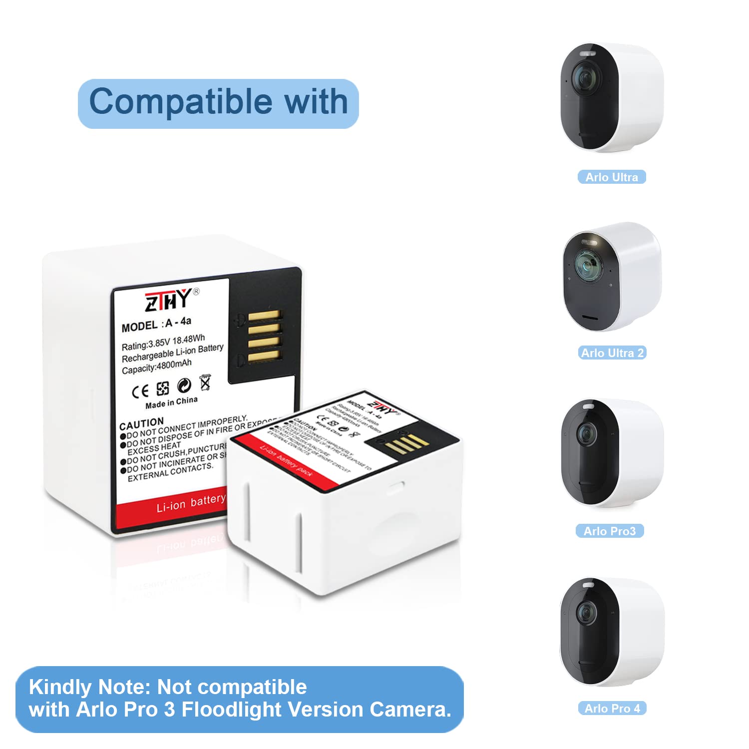 New Battery Rechargeable Replacement for Arlo Ultra, Arlo Ultra 2, Arlo Pro 3, Arlo Pro 4 VMC4040P VMA5400 VMC4350P VMC4050P VMC5040 VMS4240P Series 18.48Wh 3.85V 4800mAh