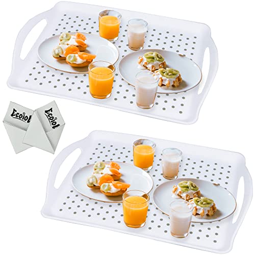 LONEA Non Slip Food Serving Tray with Handles, 2-Pack Rectangle Anti-Slip Non-Toxic Dishwasher Safe Tray for Snack Fruit Dessert Breakfast Drink Come with 2pcs Cleaning Cloths White