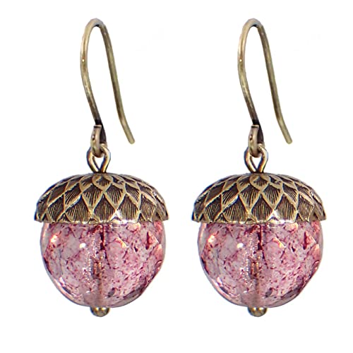 Czech Glass Acorn Earrings with Antiqued Brass Vintage Style Caps (Translucent pink)