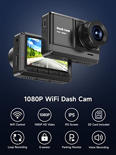 Dash Cam, FHD 1080P WiFi Dash Camera for Cars with 32GB SD Card, 2.45 inch IPS Screen, 2 Mounting Ways, Night Vision, WDR, Accident Lock, Loop Recording, Parking Monitor
