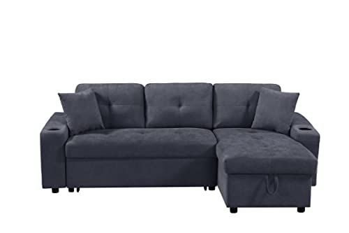 Longrune Modern Velvet Sectional Convertible with 2 Cupholders and Two Side Pockets,Reversible Pull Out Couch Storage Chaise Lounge for Living Room Apartment, Dark Gray