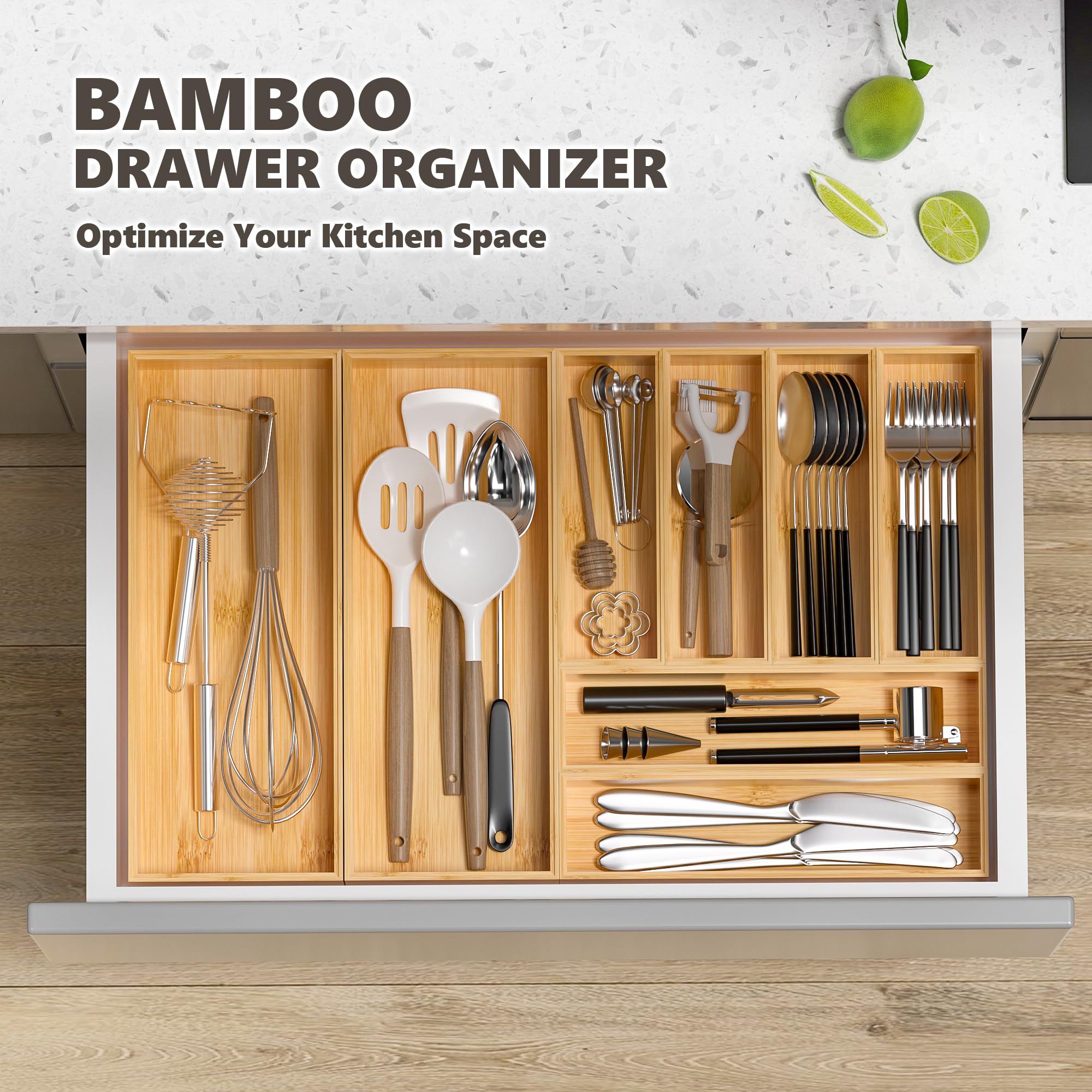 Greatseas Kitchen Drawer Organizer Bins, Stackable Bamboo Drawer Organizer for Silverware, Utensils, Cutlery, Flatware, Deep Drawer Organizers for Junk Drawer, Dresser, Bathroom, 9" x 3" x 2.5"