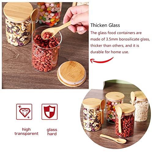 CZFWin Glass Jars with Bamboo Lids and Wooden Spoons Set of 4, Coffee Tea Sugar Container Set for Loose Tea Canister Storage, Overnight Oats Containers with Scoop for Seasoning, Coffee, Yogurt