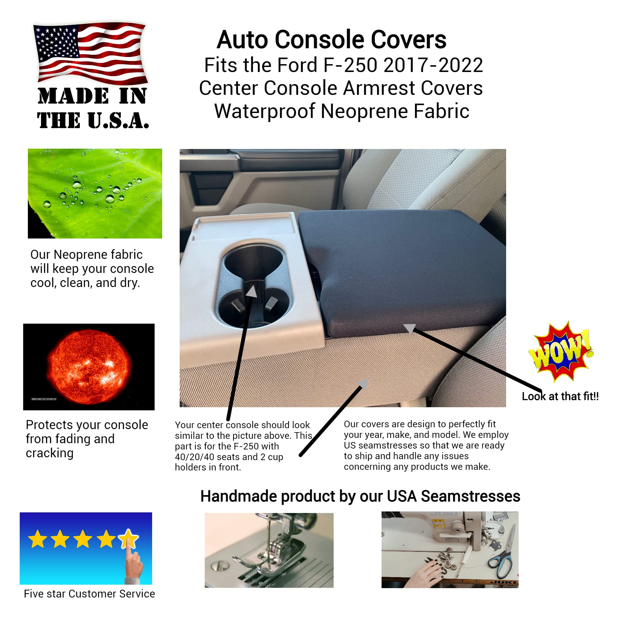 Auto Console Covers- Fits The Ford F-250 Super Duty 2017-2022 Center Console Armrest Lid Cover Waterproof Neoprene Fabric -Gray