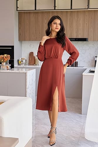 GRACE KARIN Long Sleeve Satin Wedding Guest Dresses for Women Cocktail Midi Dress Elegant A-Line Slit Semi Formal Dress Rust XL