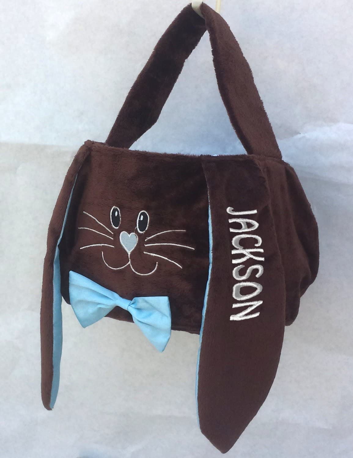 Personalized Easter Basket (Blue Chocolate) Plush Easter Basket Tote Bunny Bucket Embroidered with Kids Name