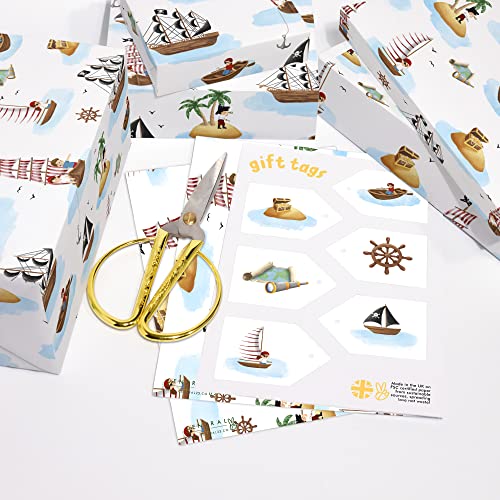 CENTRAL 23 Boy Wrapping Paper - 6 Sheets Gift Wrap - Pirates Ship Island Adventure Sea - Birthday Wrapping Paper For Kids - Comes With Fun Stickers