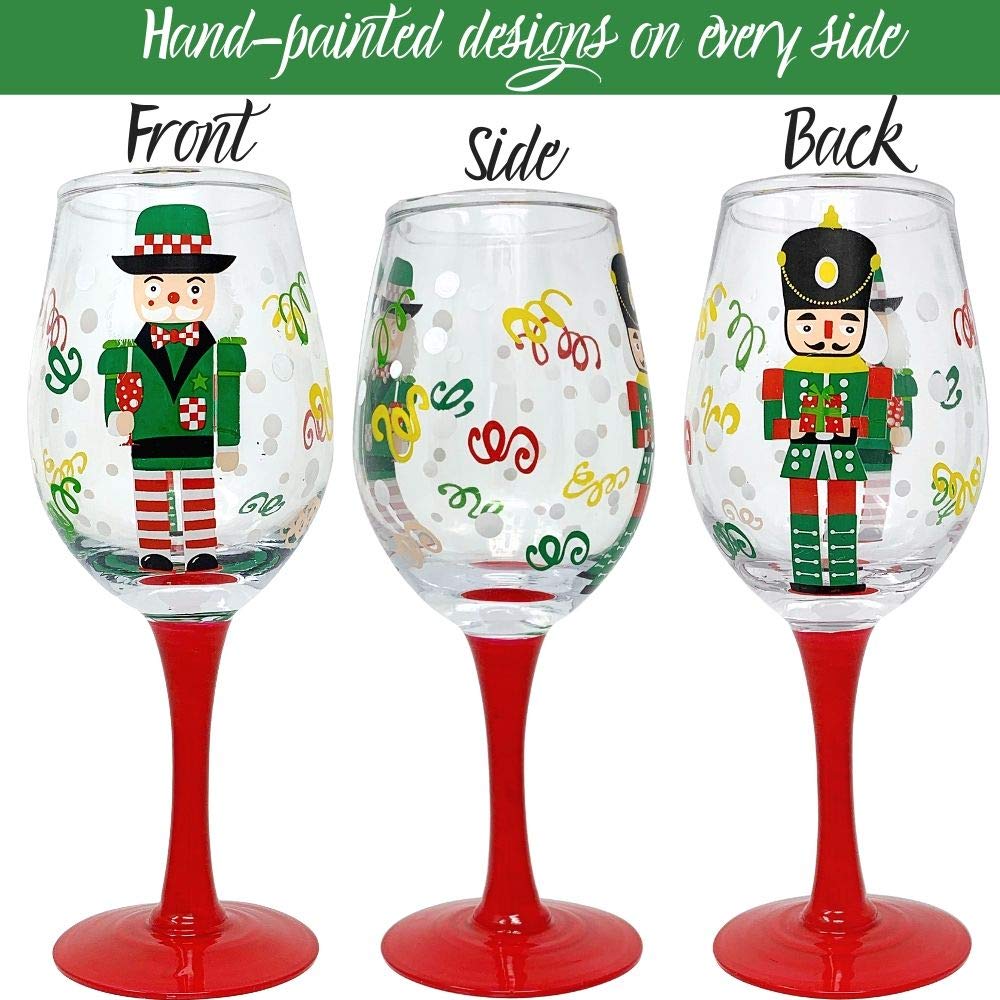 BANBERRY DESIGNS Nutcracker Christmas Wine Glasses - Set of 2 Holiday Toy Soldier Design - Red and Green Festive Xmas Glassware Painted with Stem 14 oz
