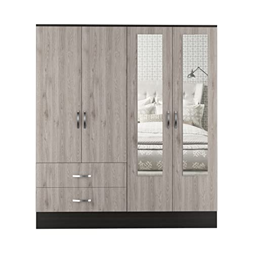 FM FURNITURE Florencia Mirrored New Vintage Armoire with Two Cabinets with Divisions & Two Drawers for Bedroom