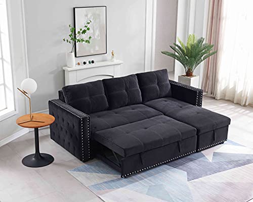 Cotoala 91" 91'' Velvet Reversible Sleeper Sectional Sofa, L-Shape 3 Seat Convertible Couch with Storage and Pull Out Bed, Button Tufted Nail Head Trim, Living Room Furniture, Black