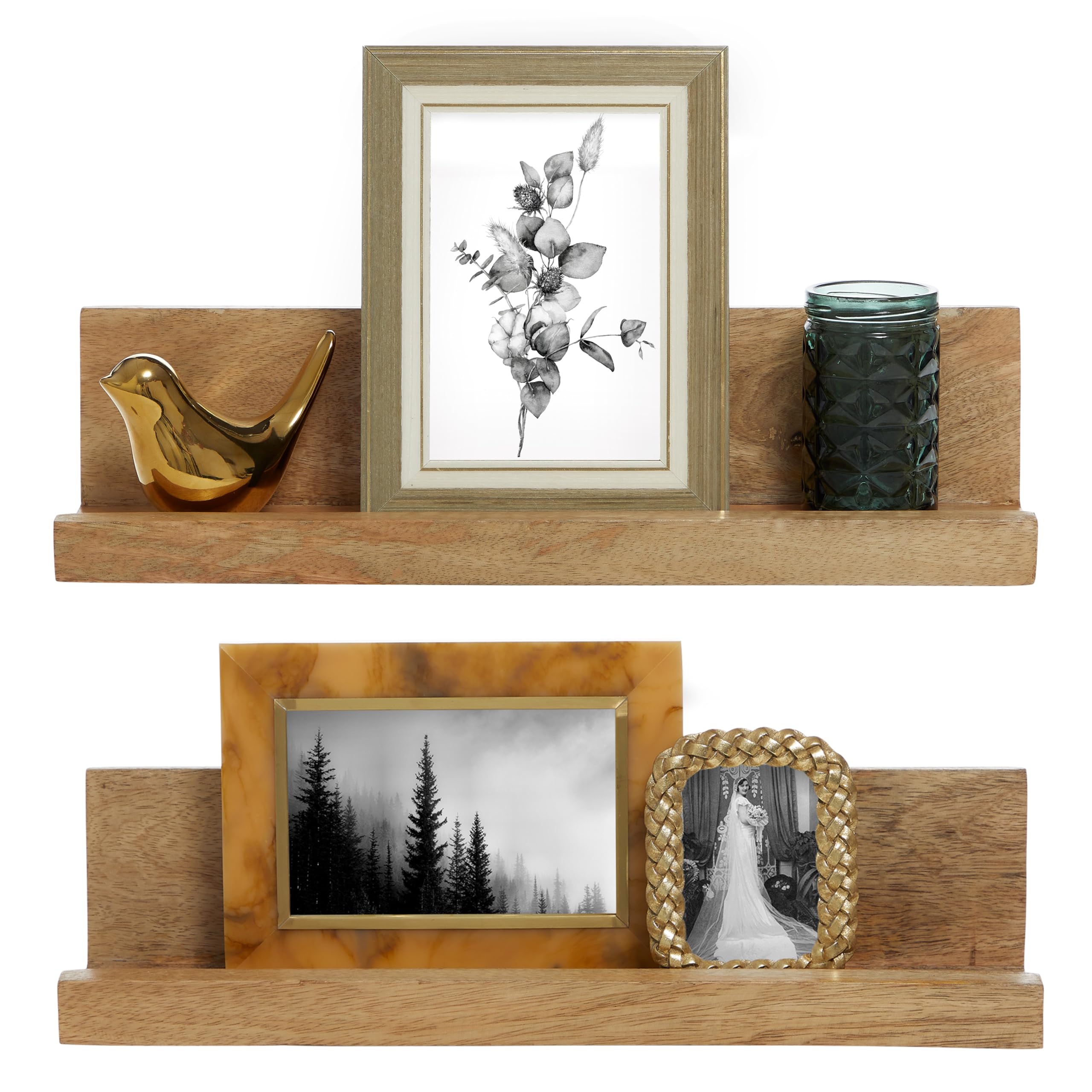 Camden Reed Set of 2-16 Inch Floating Mango Wood Wall Shelves, Storage for Kitchen, Living Room, Bathroom or Office, Natural Finish