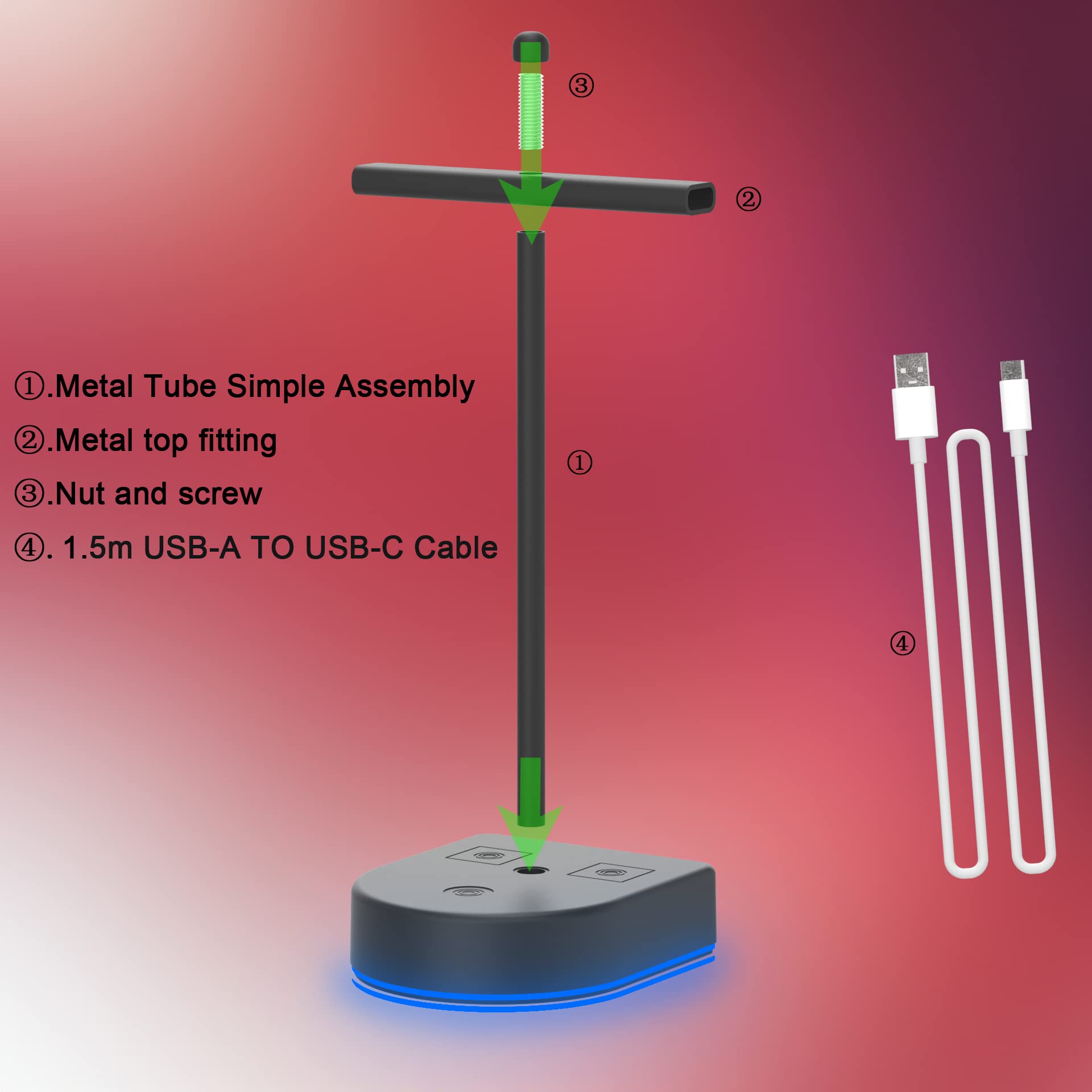 BGMUTCX RGB Dual Headphone Stand with USB Charging Port, Desk Gaming Double Headset Holder,Durable Hanger Rack-Suitable for Desktop Table, Game, DJ, Earphone, PC, PS4, PS5, Xbox Gamer Accessories