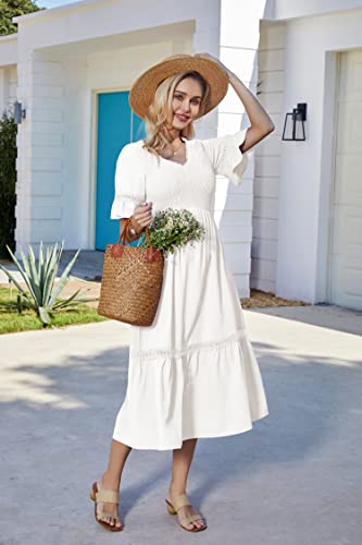 GRACE KARIN Women's V Neck Short Bell Sleeve Smocked Tiered Dress Elastic Waist Lace Patchwork Ruffle Dress White XL