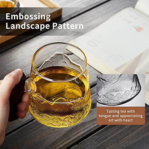 DOPUDO GLORIETTE Glass Teacup with Infuser and Lid, 570ml/19oz Large 3-Piece Glass Tea Mug with Embossing Landscape Pattern, Big Tea Cup with Wood Handle for Loose Leaf Tea
