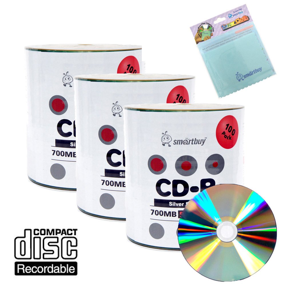 Smartbuy 300-disc 700mb/80min 52x CD-R Silver Shiny Blank Recordable Disc + Free Micro Fiber Cloth