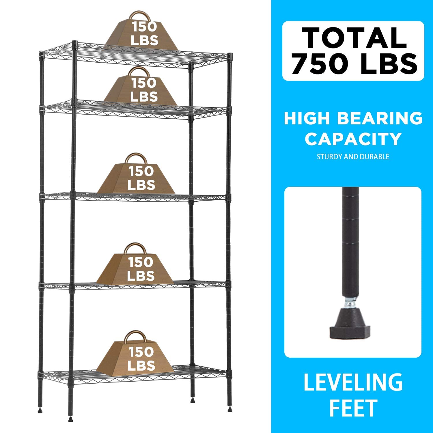 FDW 30" L×14" W×60" H Wire Shelving Unit Metal Shelf with 5 Tier Casters Adjustable Layer Rack Strong Steel for Restaurant Garage Pantry Kitchen Garage,Black