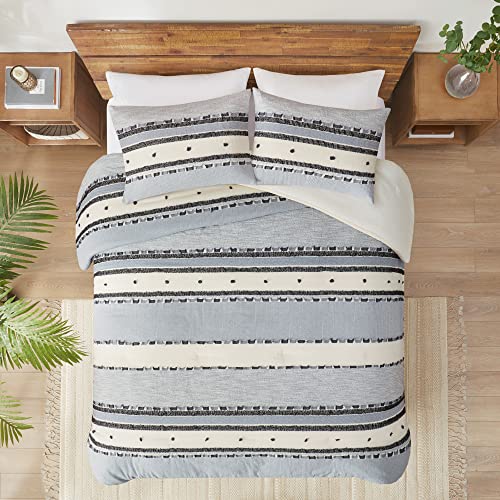 Hyde Lane Boho Blue King Comforter Set ,Modern Farmhouse Tufted Bedding Sets, Cotton Top with Neutral Rustic Style Clipped Jacquard Stripes, 3-Pieces Including Matching Pillow Shams (104x90 Inches)