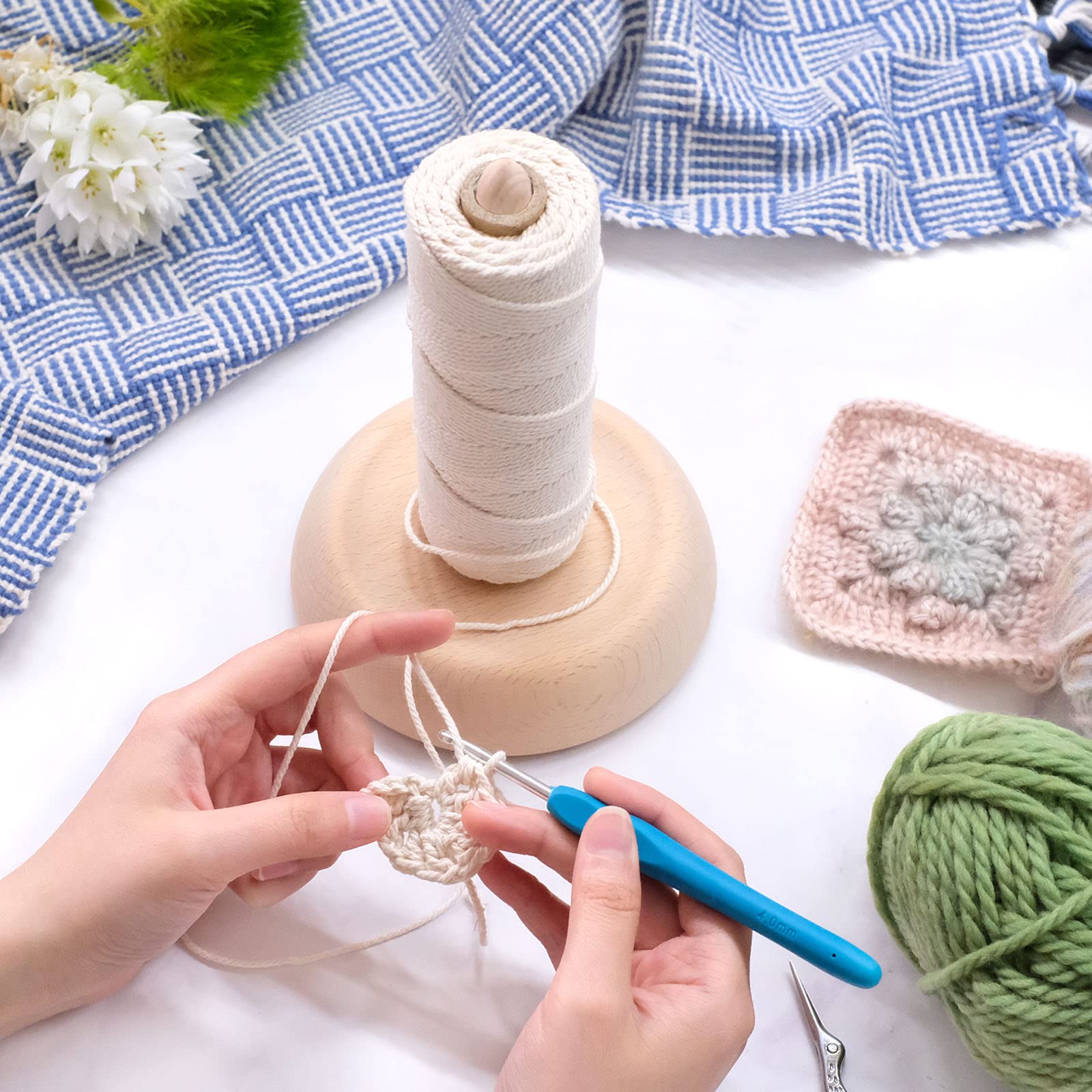 Premium Beechwood Yarn Holder with Brass Twirling Mechanism | Stand Ball Spindle Crochet and Sewing Tool | Wood Cord Organizer for Knitting, Embroidery, and Crafts