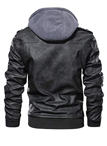 HOOD CREW Men’s Casual Stand Collar PU Faux Leather Zip-Up Motorcycle Bomber Jacket With a Removable Hood