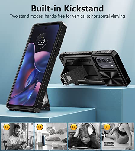 FNTCASE Military Grade Moto Edge 2022 Case: Shockproof TPU, Sturdy Kickstand & Camera Slide Cover - Black