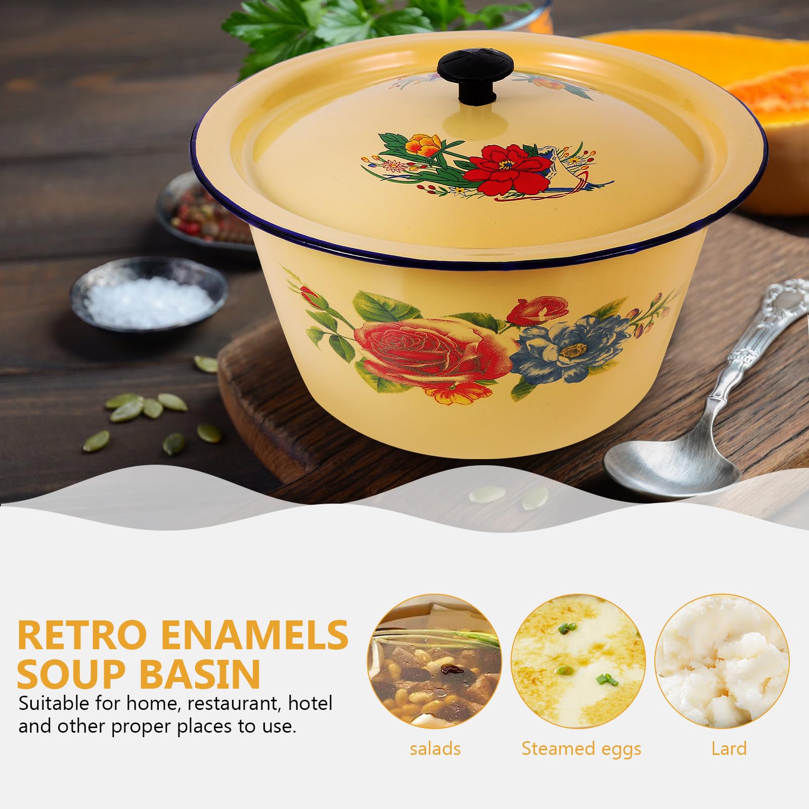 Retro Flower Enamel Stew Stockpot: Non- Stick Ceramic Coated Low Stockpot Stew Pot with Lid 16cm Quart Stockpots Soup Casserole Pasta Milk Sauce Pot for Kitchen Cooking 18CM