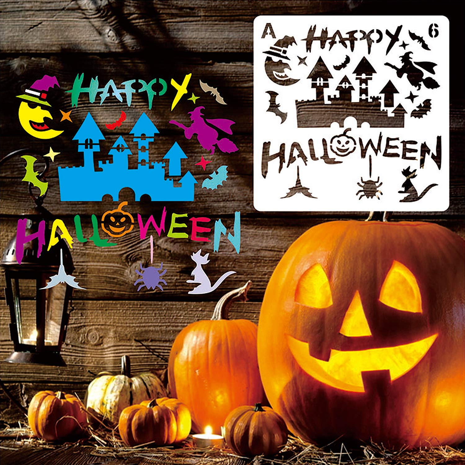 FEBSNOW 32 Pcs Halloween Painting Stencils Reusable Halloween Template Pumpkin Witch Skeleton Skull Vampire for DIY Craft Drawing Painting Spraying Window Glass Wood Airbrush Walls Art