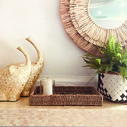 MadeTerra Rectangular Seagrass Tray with Mother of Pearl Inlay Wooden Base Insert Handle, Decorative Nacre Serving Basket for Food, Coffee Table Decor, Decoration, Storage and Display…