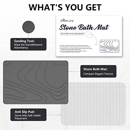 Graplife Stone Bath Mat - Non-Slip Fast-Drying Mat for Kitchen Counter, Tub & Bathroom Floor - Super Absorbent Diatomaceous Earth Shower Mat - Elegant Home Decor & Modern Accessories - Gray 23.5x15”