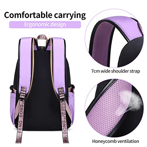 FENGDONG Teenage Girls Bookbag School Backpack Children Casual Daypack Schoolbag for Teens Black Purple