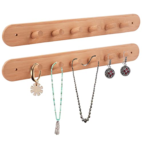 DBlosp 2 Pack Necklace Hangers Rustic Wood Necklaces Holder Jewelry Organizer Hanging with 6 Wood Hooks,Jewelry Hooks for Necklaces, Bracelets, Chains