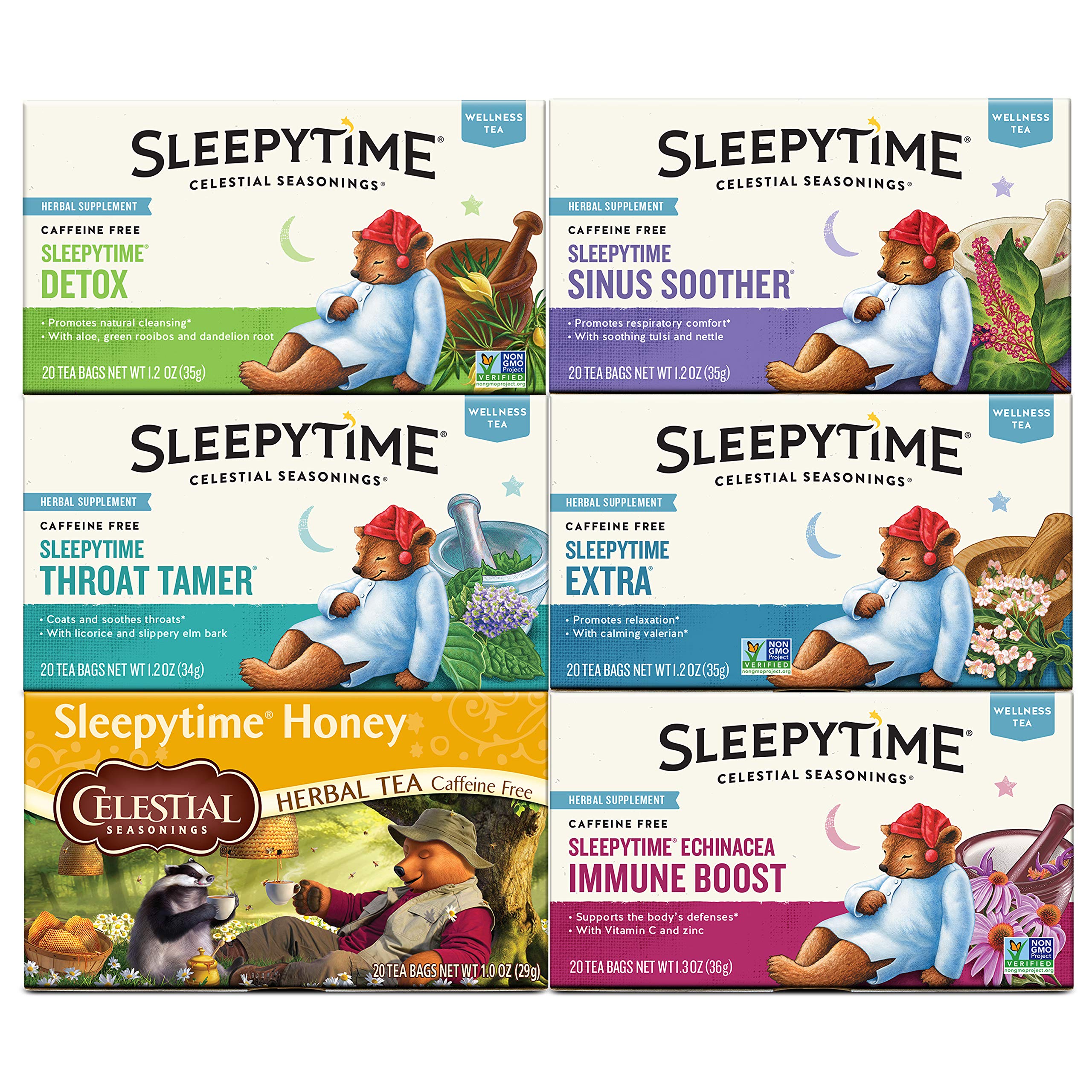 Celestial Seasonings Wellness Tea Sleepytime Variety Pack, Detox, Sinus Soother, Throat Tamer, Sleepytime Extra, Honey, Immune Boost, Caffeine Free Sleep Tea, 20 Tea Bags (Pack of 6)