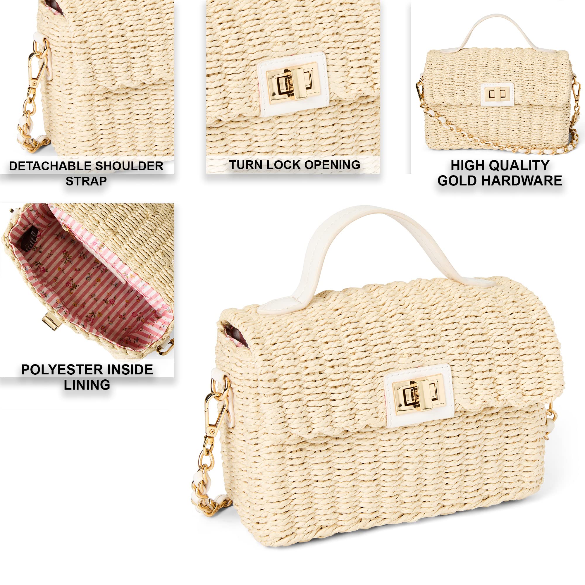 Like Dreams Women Hand-woven Fashion Straw Crossbody Bag Inner Floral Summer Long Strap Shoulder Purse (Natural Ivory)