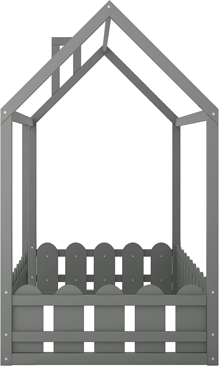 Harper & Bright Designs Twin House Bed Frame for Kids, Montessori Floor Bed Twin with Fence-Shaped Rails, Wood Twin Floor Bed Frames for Girls, Boys(Twin,Grey)