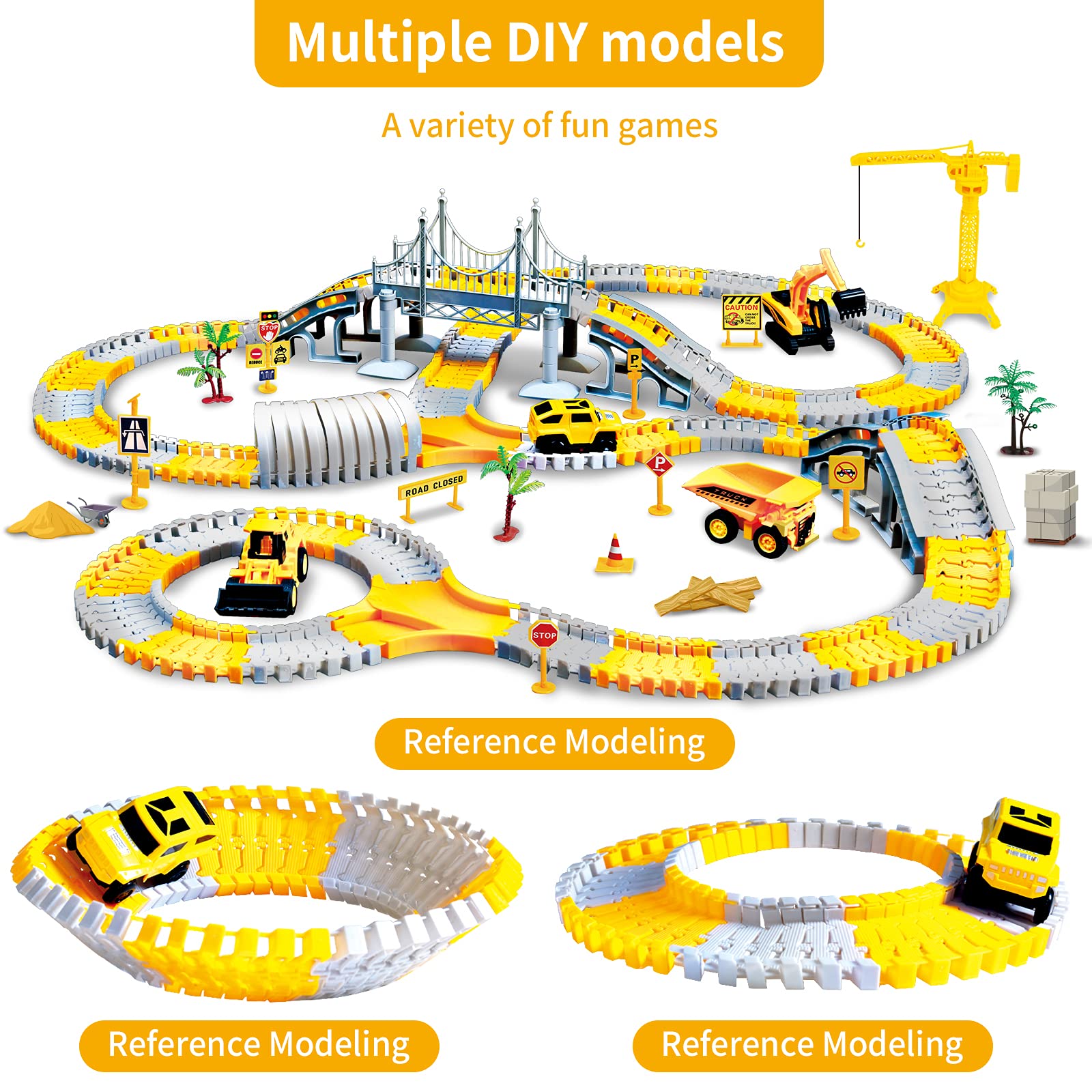 LIKID 346PCS Construction Race Tracks for Kids Boys Toys,Track Series,Construction Car and Flexible Track Playset Create A Engineering Road Toys for 3 4 5 6 7 8 Years Old Boys Girls DIY Gift