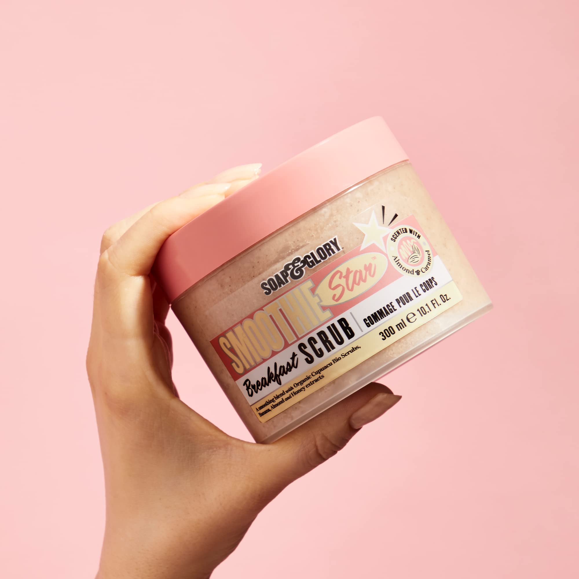 Soap & Glory Smoothie Star Exfoliating Breakfast Body Scrub - Buff & Smooth - Almond & Caramel Scented Body Polish - Brightening Scrub with Honey Extract + Sweet Almond Oil (300ml)