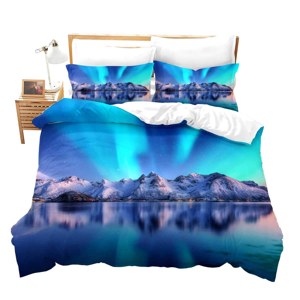 Feelyou Aurora Theme Bedding Sets Aurora Borealis Northern Lights Duvet Cover Nature Astronomical Landscape, Snow Mountain Pattern Comforter Set for Kids Teens, 3-Piece Queen Bedding Decoration Gift