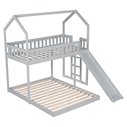 DEYOBED Twin Over Full Wooden Bunk Bed with Slide for Kids Teens