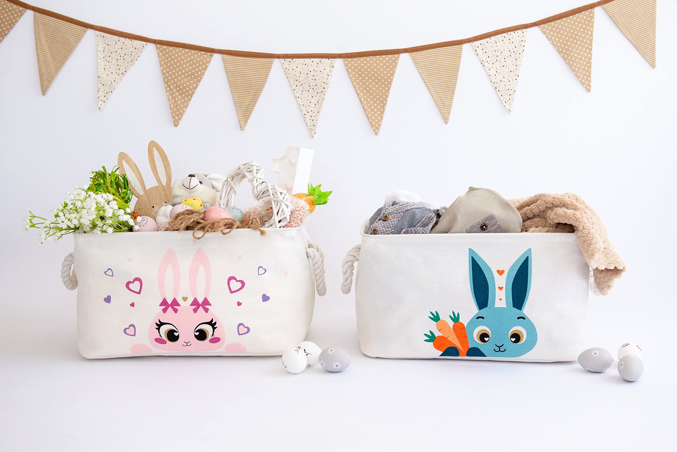 Kazulo Pink Bunny Easter Basket For kids, Rectangle Rabbit Basket, Easter Basket for Girls, Egg Hunt Bag For Boys and Girls,, Kids Easter Basket, Bunny Basket (Pink Bunny)