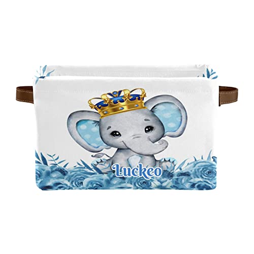 Blue Prince Floral Elephant Personalized Storage Basket,Custom Storage Bins Cubes Organizer with Handle for Bedroom Wardrobe,Nursery,Basket 1 Pack