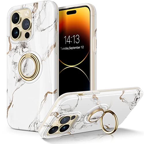 GVIEWIN Compatible with iPhone 14 Pro Case 6.1 Inch 2022, [Built-in 360° Rotatable Ring Stand] Marble Slim Stylish Durable Hard Shockproof Phone Holder Kickstand Cover(White/Gold)