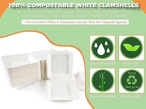 AUEAR, 8 Inch [50 Pack], Compostable Clamshell Take Out Food Containers, To Go Boxes for Food, Natural Disposable Clamshell Food Container, Eco-Friendly, Heavy - Duty To-Go Containers