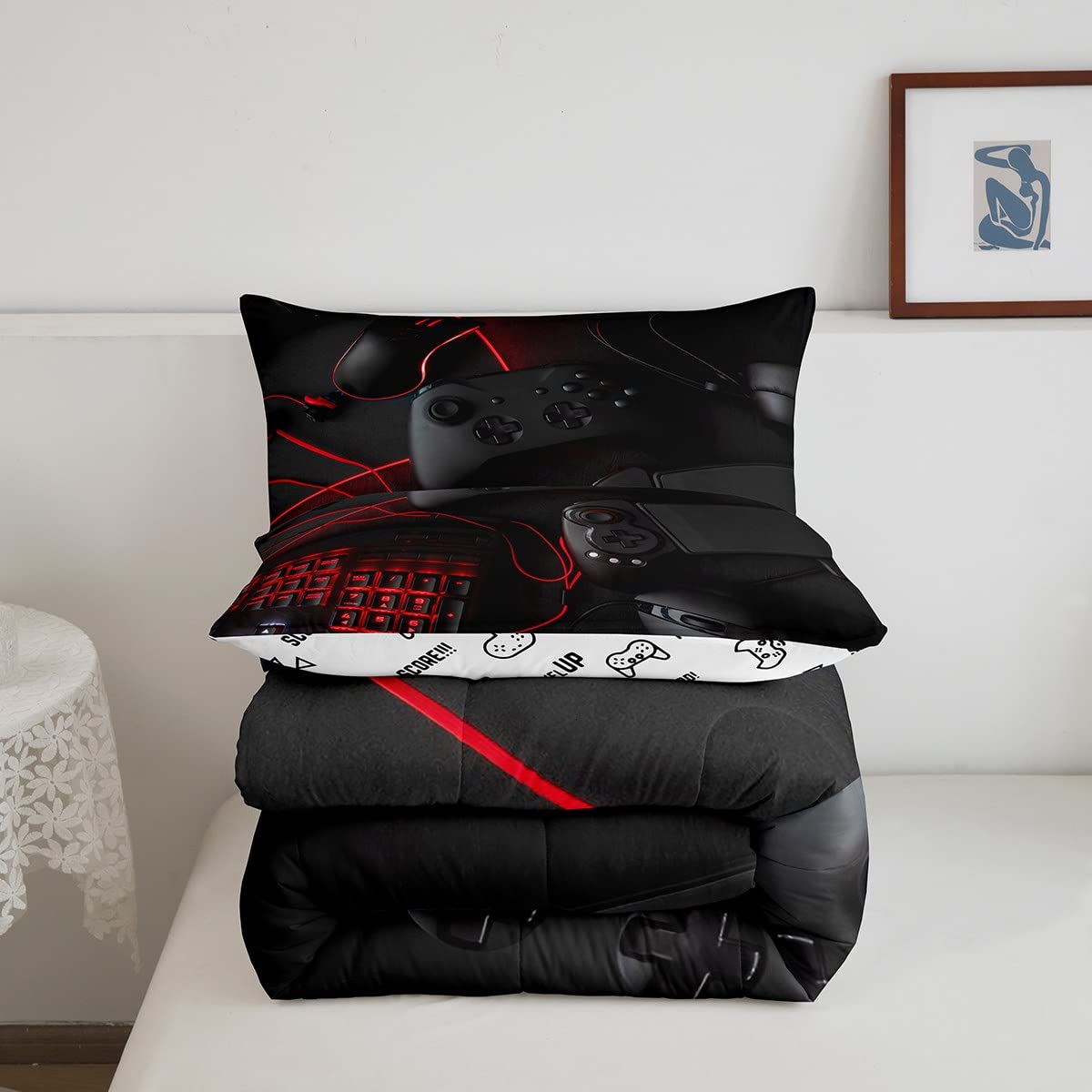 Feelyou Gamer Comforter Set for Boys Teens Kids Game Headphones Keyboard Mouse Gamepad Duvet Cover Twin Size Black Red Gaming Bedding Set Game Peripherals Decor Quilted Duvet Set with 1 Pillow Sham